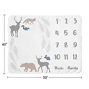Sweet Jojo Designs Woodland Animals Boy Girl Milestone Blanket Monthly Newborn First Year Growth Mat Baby Shower Memory Keepsake Gift Picture - Blue Grey Tan Forest Bear Deer Fox Bunny Gender Neutral