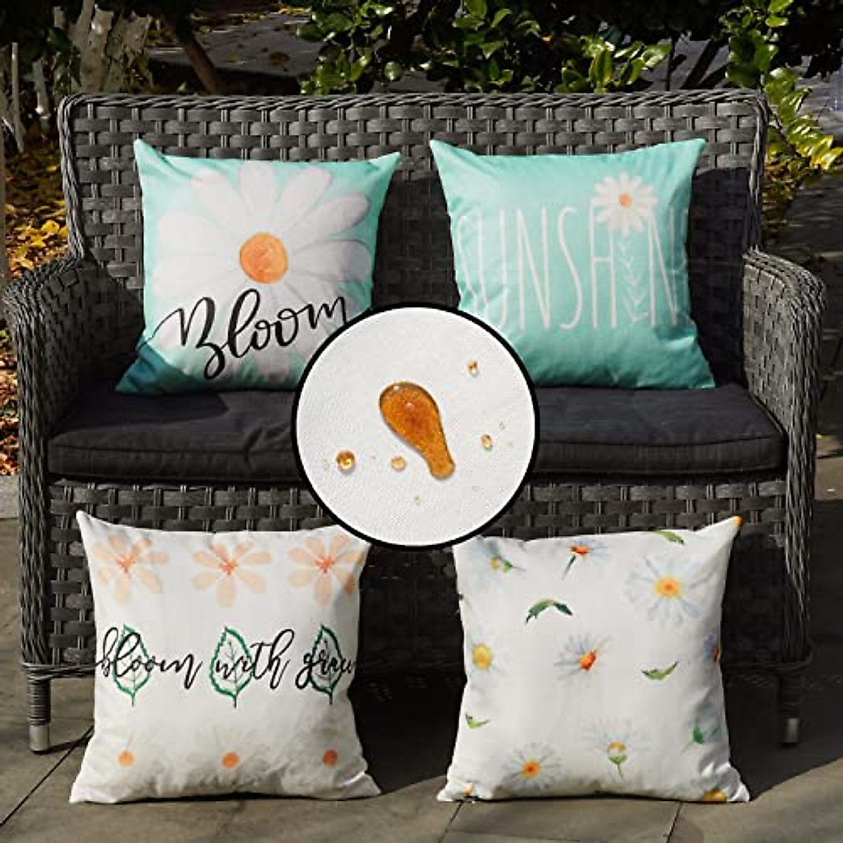 ONWAY Spring Pillow Covers 18x18 Set of 4 Daisy Bloom Waterproof Throw Pillow Covers Floral Summer Outdoor Decor Sunshine Farmhouse Flower Garden Decorations for Patio Porch Couch Sofa