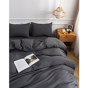 TazmKezm Black Grid 100% Washed Cotton Duvet Cover Set, 3 PCs Breathable Soft Bedding Set Linen Textured. Black White Grid Pattern Duvet Cover King Size (No Comforter)