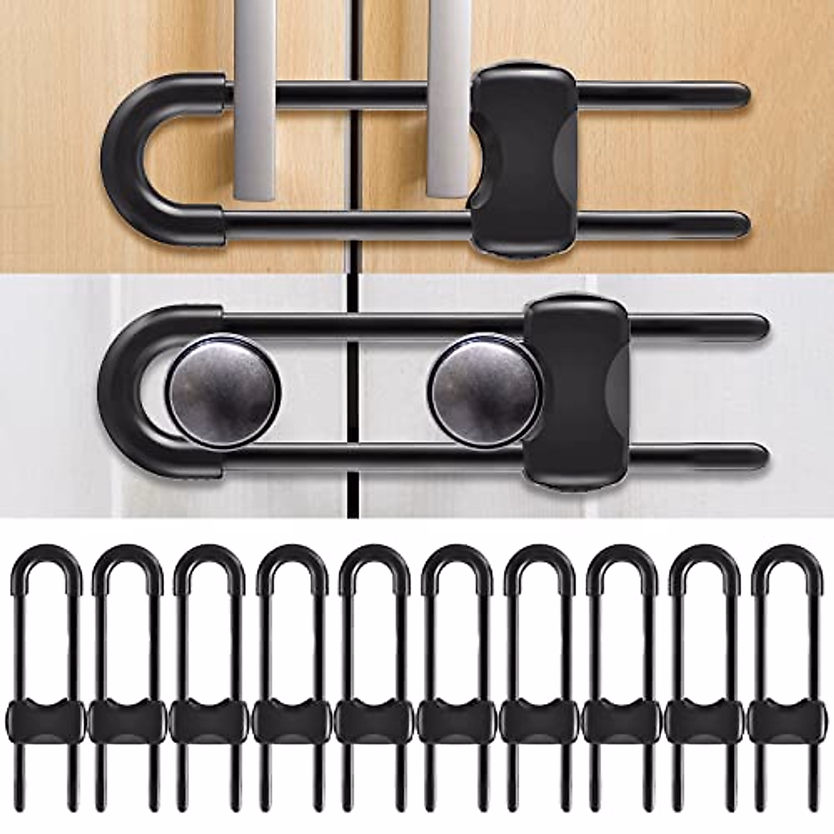 10 Pack Cabinet Locks for Babies, Baby Proofing Cabinet Locks, Adjustable U-Shaped Sliding Cabinet Child Safety Locks Childproof Latches for Knob Handles on Kitchen Storage Door Closet Dresser (Black)