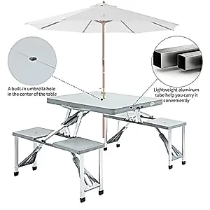 Outsunny Portable Foldable Camping Picnic Table Set with Four Chairs and Umbrella Hole, 4-Seats Aluminum Fold Up Travel Picnic Table, Grey