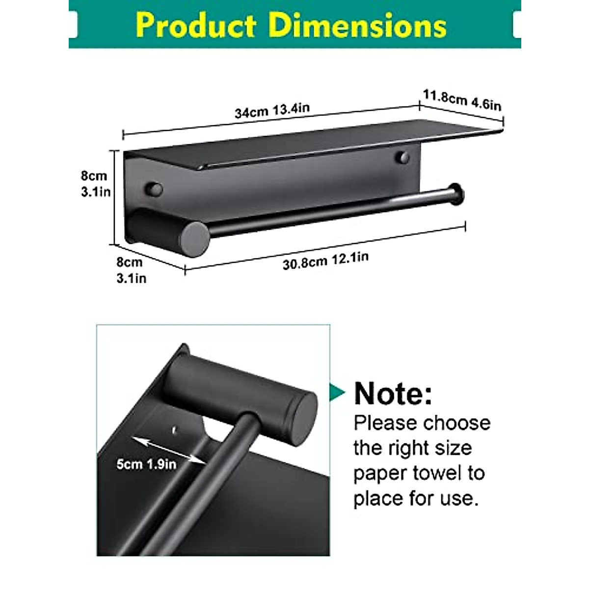 Paper Towel Holder for Kitchen - TDYU Wall Mount Paper Towel Holder with Shelf Under Cabinet, Rustproof Aluminum, Lightweight but Durable, Both Available in Adhesive & Screws (Black)