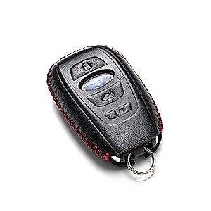 Vitodeco Leather Keyless Remote Smart Key Fob Case Cover with a Key Chain Compatible for Subaru Forester, Impreza, Outback, WRX, BRZ, XV Crosstrek, Ascent 2014 - 2023 (4-Button, Black/Red)