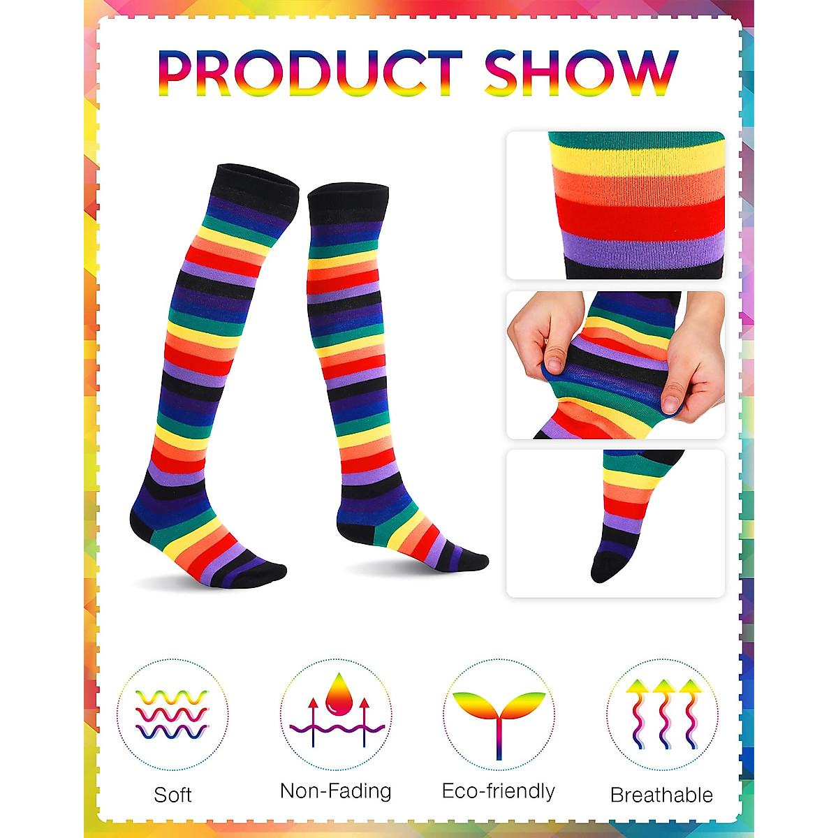 Chuarry 8 Pairs Women's Rainbow Thigh High Socks Fingerless Arm Warmer Set Long Striped High Socks Leg Warmers for Pride Fest(Mixed Color,Classic Style)