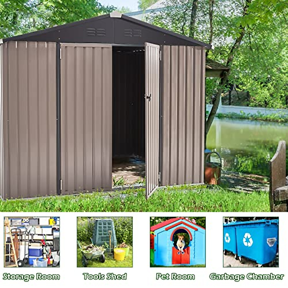 AECOJOY 8.4' x 6.3' Outdoor Storage Shed, Sheds & Outdoor Storage with Design of Lockable Doors, Utility and Outdoor Shed for Garden, Backyard, Patio, Outside use.