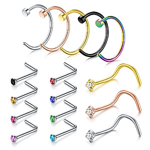 Incaton Nose Ring, 16PCS 316L Surgical Stainless Steel Body Jewelry Piercing Nose Hoop Ring and L Shaped Ring