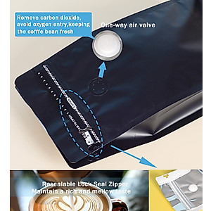 50 PCS Resealable Coffee Bags with Valve (1lb, 16oz) - Black Coffee Pouches Bags with One-way Degassing Valve for Coffee Bean Storage bag