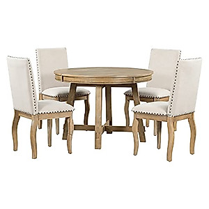 GLORHOME 5-Piece Farmhouse Set for 4 to 6 Round Extendable Table and 4 Upholstered Dining Chairs (Natural Wood Wash)
