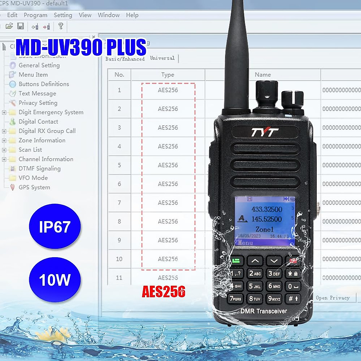 TYT MD-UV390 Plus 10 Watts High Power with AES256 Encryption DMR UHF VHF IP67 Waterproof Walkie Talkie with Programming Cable