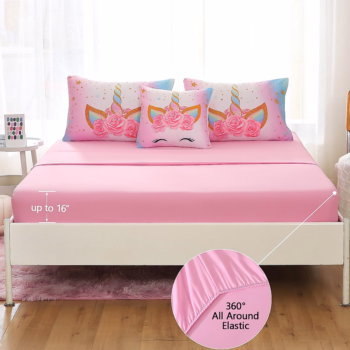 Keyroal 6Pcs Queen Comforter Set with Sheet,Unicorn Flower Bedding Set for Kids,Pink Rainbow Bed in a Bag Bedding for Girls-Smile Unicorn