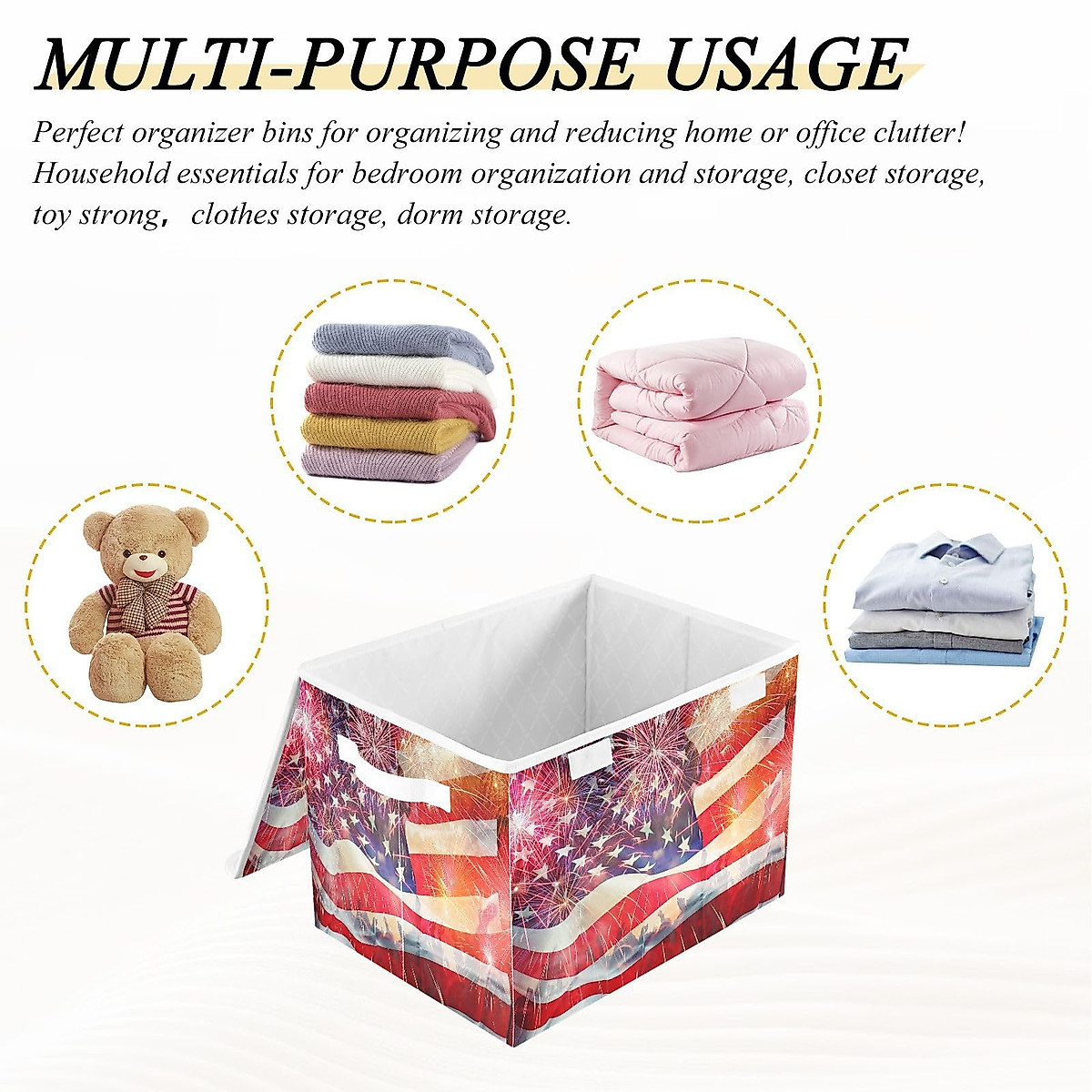 DIGTIA Veterans Day Storage Bins with Lids USA Flag Firework Foldable Storage Boxes with Handles 4th Of July Large Storage Basket Collapsible Organizer Containers for Closet Home Bedroom Office