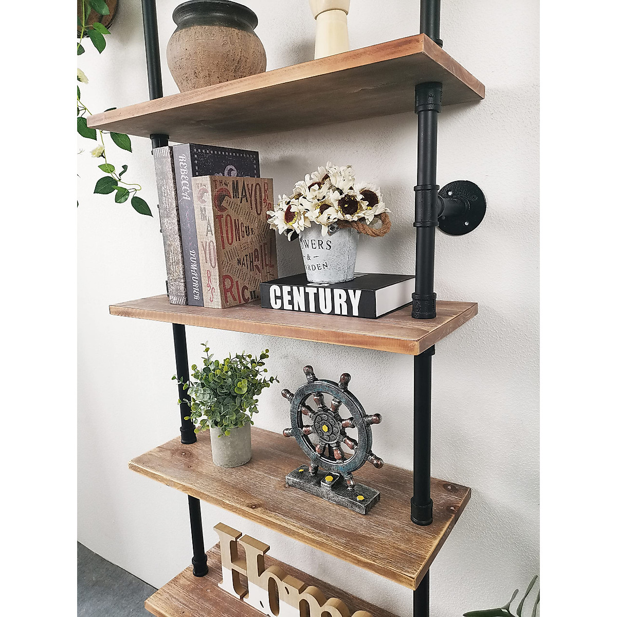 Anynice Industrial Ladder Pipe Shelves, Wall Mounted Rustic Bookshelf, Retro Metal Wood Bookcases (Weathered Brown, 6 Tier - 10" D x 24" W x 82.5" H)