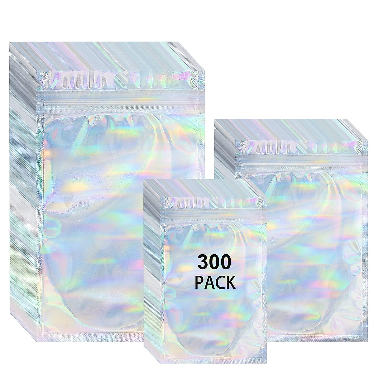 300 Packs Mylar Bags, 3 Sizes Smell Proof Bag Resealable Mylar Bags for Food Storage, Holographic Ziplock Bags with Front Window Packaging Pouch for Sample Snack Cookies Jewelry (Holographic)