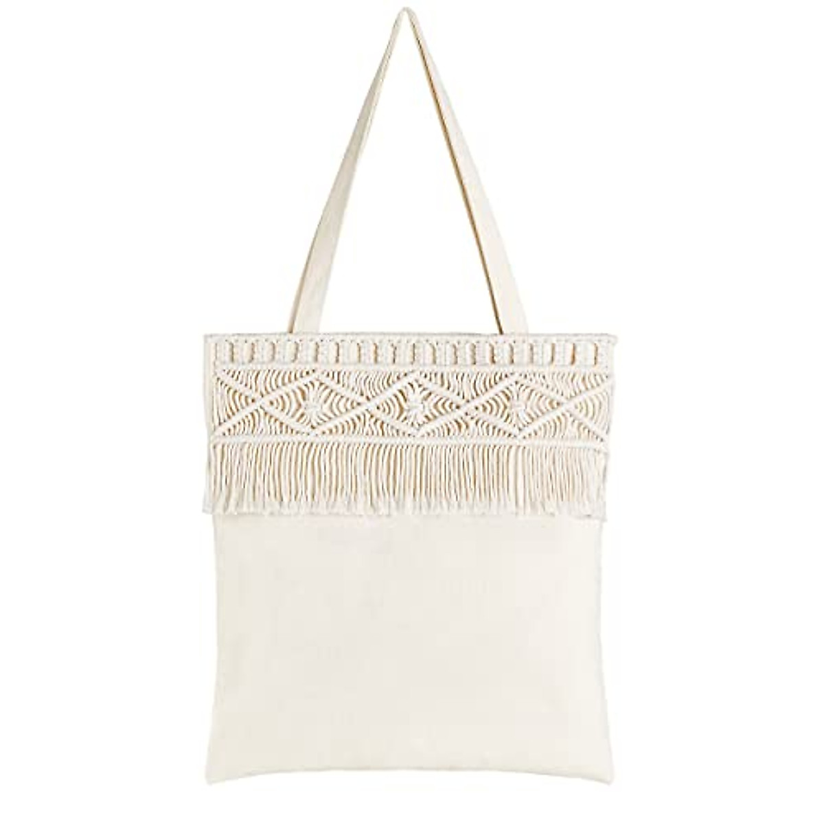 Mkono Canvas Tote bag for Women Boho Aesthetic Shoulder Handbag with Macrame Fringe Reusable Shopping Bag Lightweight Unique Gift Bag Cute Tote Bag for School Work Beach Travel Wedding Holiday