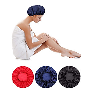 Blulu 3 Pieces Sleep Cap Satin Bonnet Night Sleeping Soft Hair Turbans for Women and Girls (Black red navy)