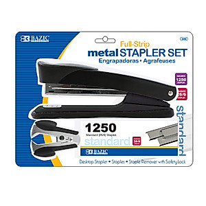 BAZIC Desktop Stapler & Staple Remover & 1250 Staples, Heavy Duty Metal Full Strip Staplers Standard (26/6), Safety Lock Staples Removers, 12-Pack
