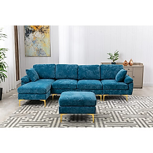 Goohome Sectional Sofá, Modern Velvet Upholstered 4-6 Seater w/Ottoman, Convertible Left and Right Side Chaise Lounge Couch, for Large Space,Living Room, Apartment, Home, L/U-Shaped Sofa, Teal Blue