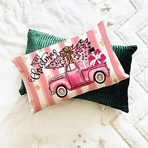 CARRIE HOME Pink Christmas Decorations Pink Christmas Tree Lumbar Pillow Covers 12x20 Set of 2 Pink Truck Decor Merry Christmas Outdoor Throw Pillows 12 x 20 for Porch and Patio (No Pillow Inserts)