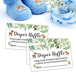 Diaper Raffle Tickets Woodland Baby Shower Game Invitations Insert for Boy Girl, Bring a Pack of Diapers to Win Favors, Lottery Insert Card, Green, 3.5" x 2", Pack of 50
