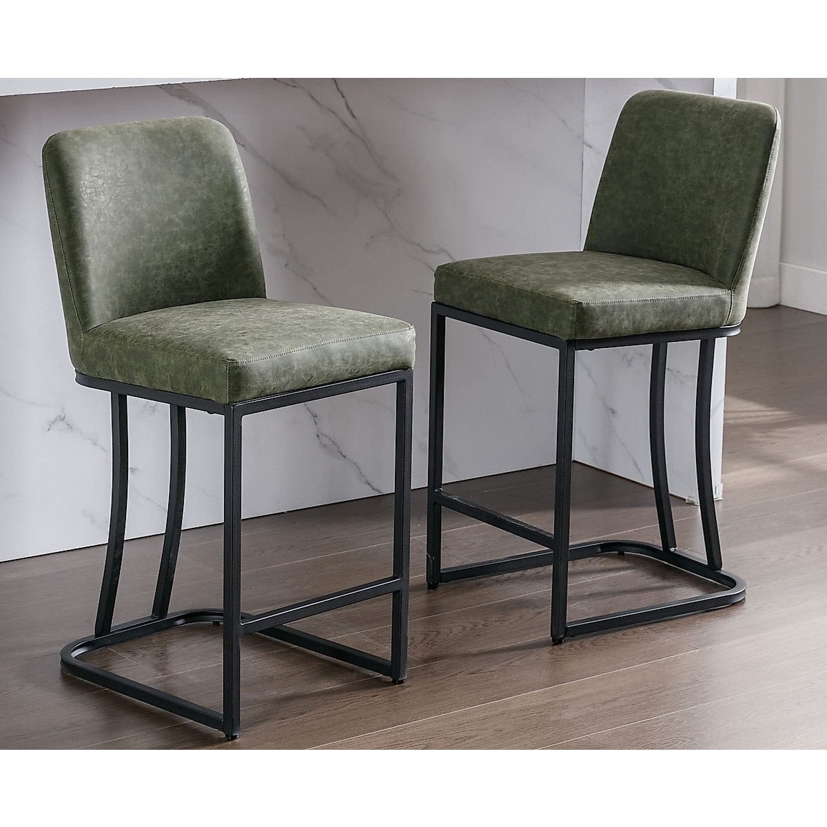 VESCASA 24" H Counter Height Barstools with Back, Mid Century Modern Faux Leather Upholstered Counter Stool Chairs with Black Metal Frame for Kitchen Island, Bar, Pub, Set of 2, Green