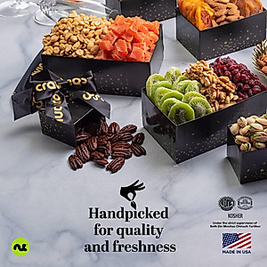 NUT CRAVINGS Gourmet Collection - Happy Birthday Nuts & Dried Fruits Tower Gift Basket with HB Ribbon (12 Assortments) Food Platter, Bday Care Package Tray, Healthy Kosher Snack