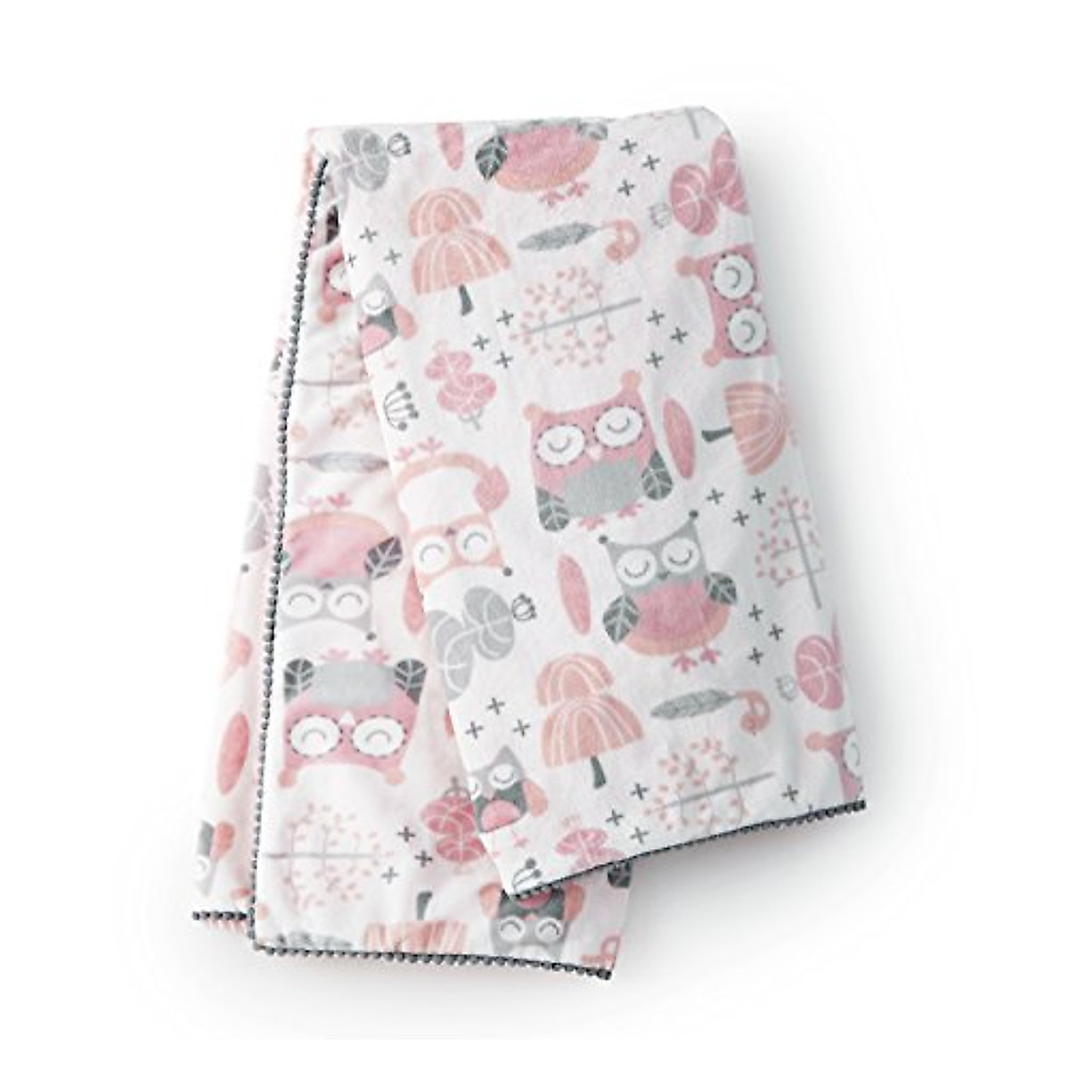 Levtex Baby - Night Owl Pink Plush Blanket - Tossed Owls and Trees on Soft Plush with RIC Rac Trim - Pink, Grey, White - Nursery Accessories - Blanket Size: 30 x 40 in.