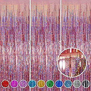 Foil Fringe Curtains Party Decorations - Melsan 3 Pack 3.2 x 8.2 ft Tinsel Curtain Party Photo Backdrop for Birthday Party Baby Shower or Graduation Decorations Rose Gold