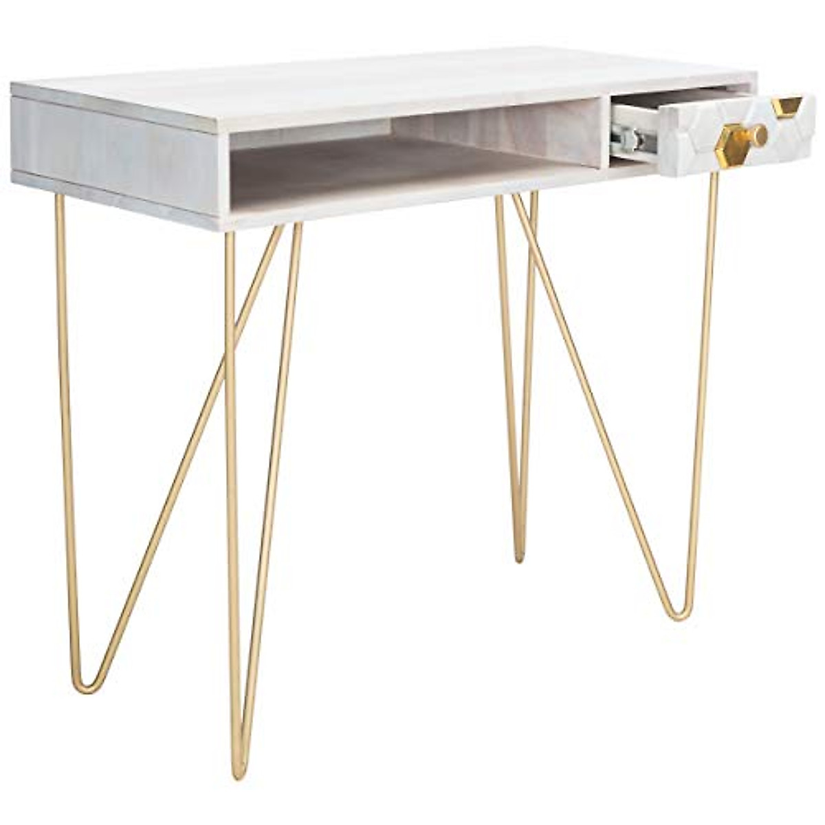 Safavieh Home Office Collection Raveena White Wash and Brass 1-Drawer Hairpin Leg Desk, 0