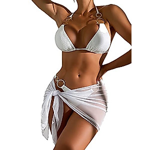WDIRARA Women's Ring Halter Triangle Bikini Swimsuit 3 Piece Tie Back with Cover Up Bathing Suit White XXL