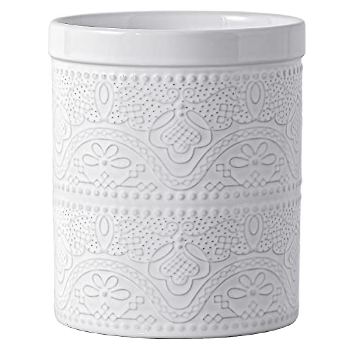 FUN ELEMENTS Kitchen Utensil Holder, 7.2" Super Large Utensil Crock Heavy and Stable Lace Emboss Ceramic Utensil Holder for Kitchen Counter (Bright White)