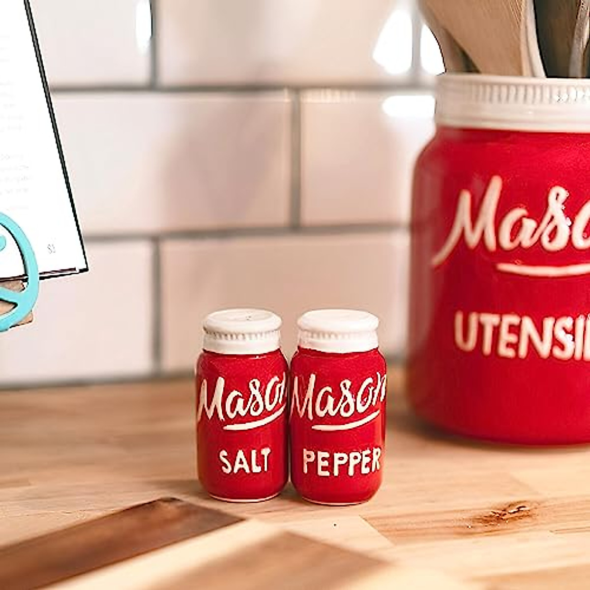 Mason Jar Kitchenware 17-Piece Set - Vintage Kitchen Accessories - Measuring Cups & Spoons, Spoon Rest, Salt & Pepper Shakers, Sponge Holder, Cookie Jar, Utensil Crock - Mother's Day Gift - Red