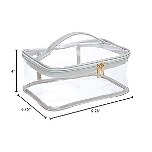 Large Cosmetic Bag for Women / Clear, See-Through Makeup, Hair & Nail Accessories Pouch for Travel or Home / Transparent PVC Plastic Organizer, Spacious Interior, Handle & Double Zippers (Silver)