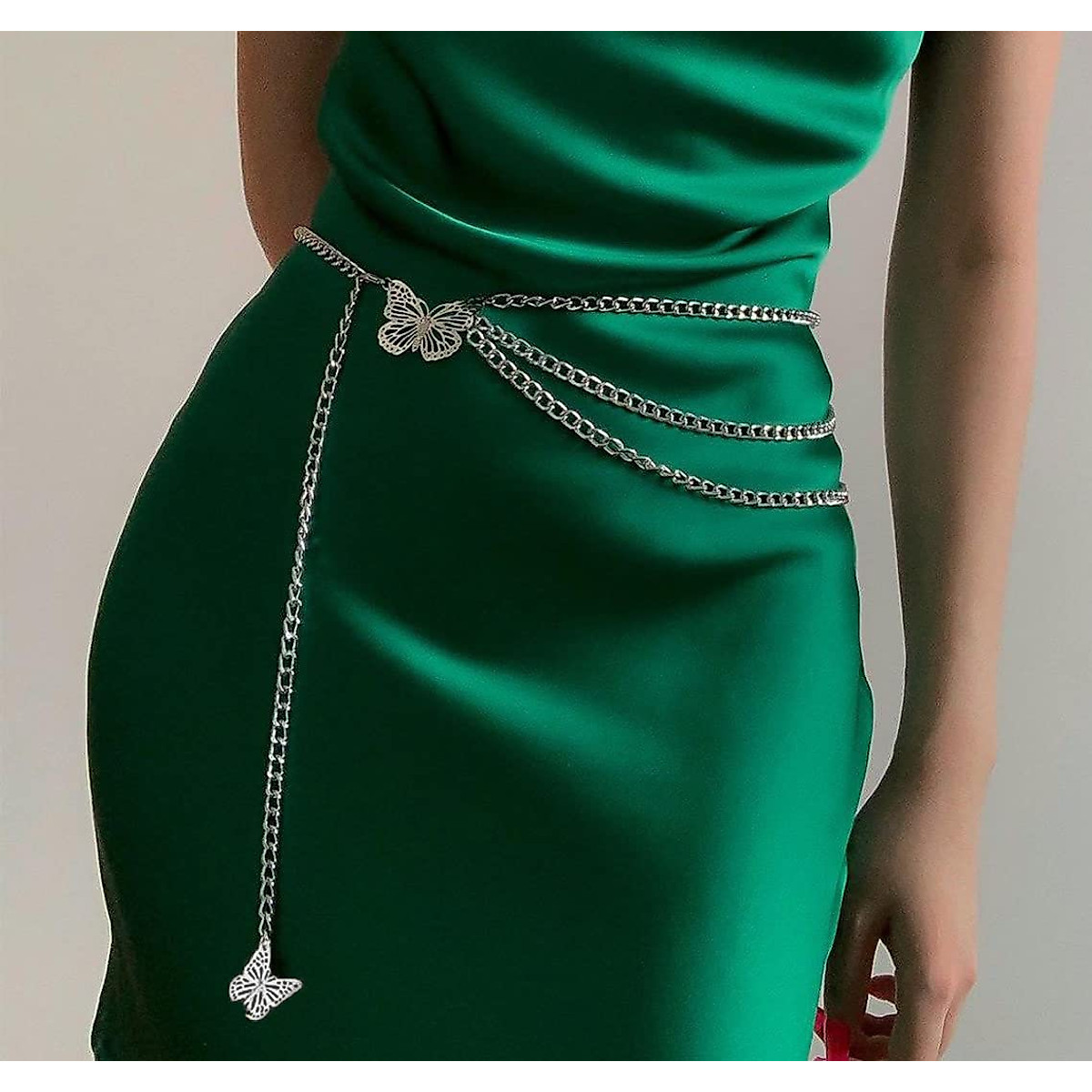 Belly Chain Belt Waist Chain Belt Western Concho Cowgirl Chain Belt for Jeans Country Concert Dress Long Tassel Body Chain Jewelry Country Concert Outfits for Women (Butterfly Silver)