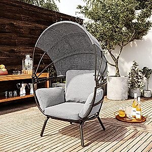Pellebant Egg Chair with Folding Canopy, Aluminum Lounge Chair with 4 Soft Deep Cushion, Indoor Outdoor Lounger for Patio, Backyard, Living Room, 265lb Capacity Gray