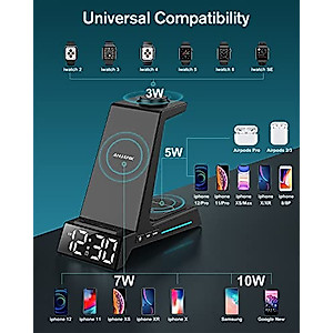 Wireless Charging Station,4 in 1 Fast Charging Station with Alarm Clock,Wireless Charger for iPhone 13/12/11/Pro/Max/XR/XS/X/8 Plus/Samsung, for AirPods Pro/3/2,Apple Watch 7/6/5/SE/4/3/2,with Adapter