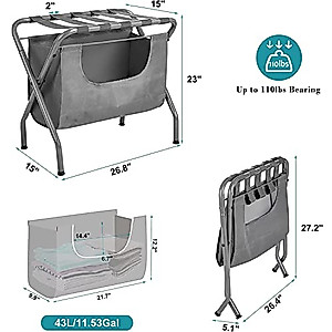 ELYKEN 2 Pack Luggage Rack with Laundry Bag, Guest Room Folding Space Saving Suitcase Holder, Max 110LBS Baggage Shelf with Heavy Duty Nylon Belts, Dirty Clothes Storage for Bedroom Hotel