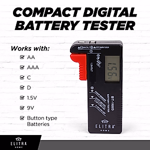 ELITRA HOME Battery Storage Organizer Carrying Case Bag, Holds 150 Batteries AA AAA C D 9V Button, Includes LCD Battery Tester Black