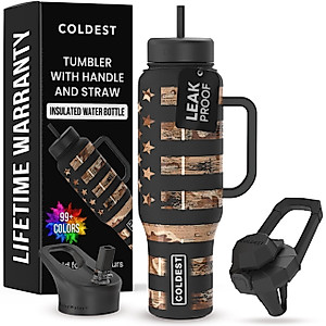 Coldest 40 oz Tumbler with Handle and Straw, 100% Leak Proof Insulated Tumbler with Lid and Straw (3 Lids), Stainless Steel Tumblers for Women & Men, Cup Holder Friendly, 46 oz (Camouflage Flag)