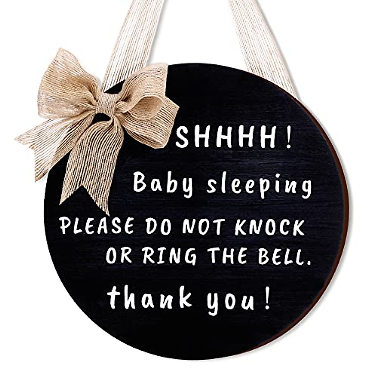 Yalikop Cute Bow Baby Sleeping Front Door Sign, Do Not Ring The Bell Do Not Disturb No Solicitation Sign Sleeping Baby Decorative Front Porch Sign for New Parent, 10 Inches, Round (Black)
