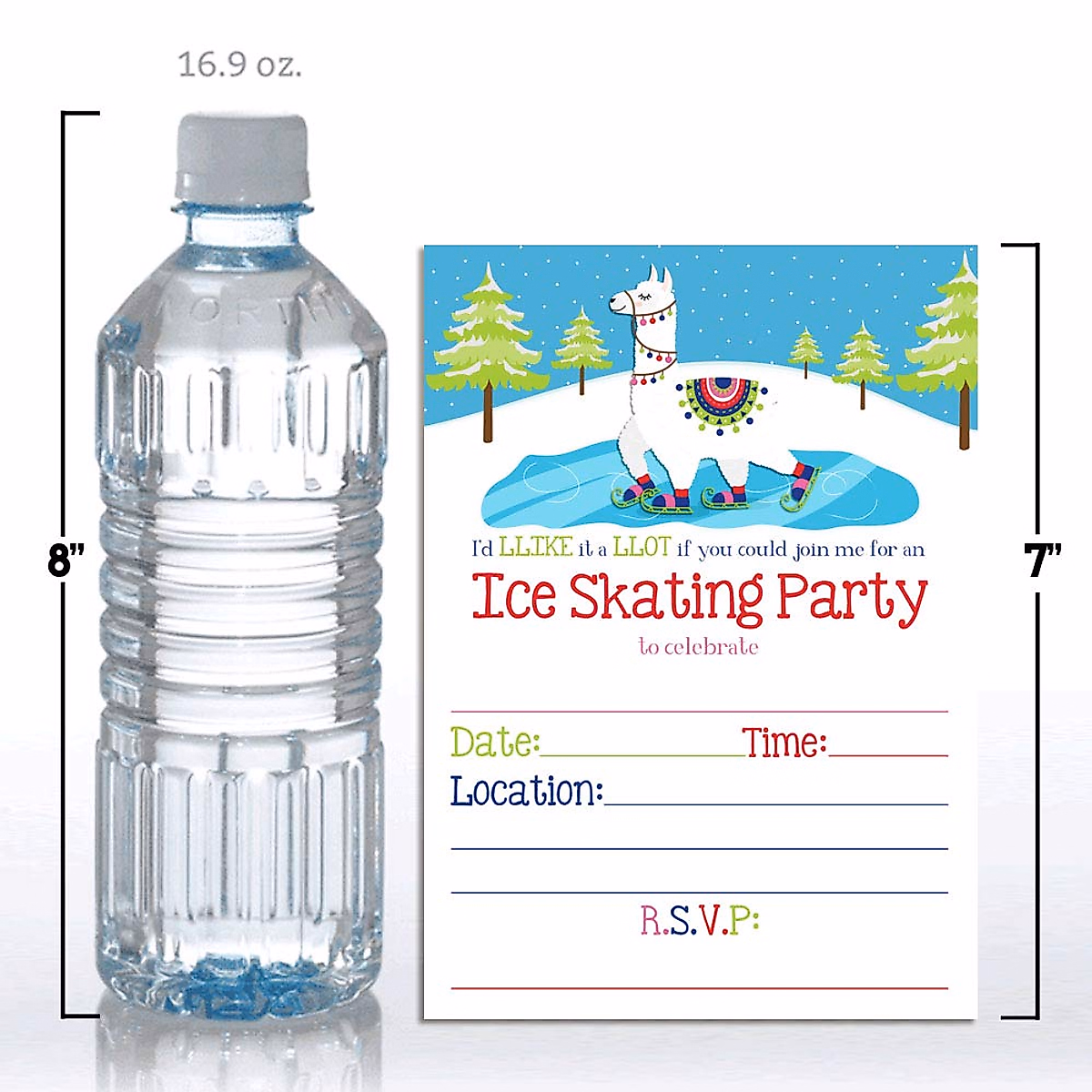 Colorful Llama Ice Skating Birthday Party Invitations, 20 5x7 Fill In Cards with Twenty White Envelopes by AmandaCreation