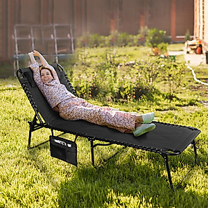 VILLEY Oversized Padded Chaise Lounge with Cushion, Foldable Camping Cot, Patio Reclining Lounge Chairs, Folding Sleeping Bed for Outdoor, Indoor, Backyard, Garden, Camping, Relaxing, Beach Tanning