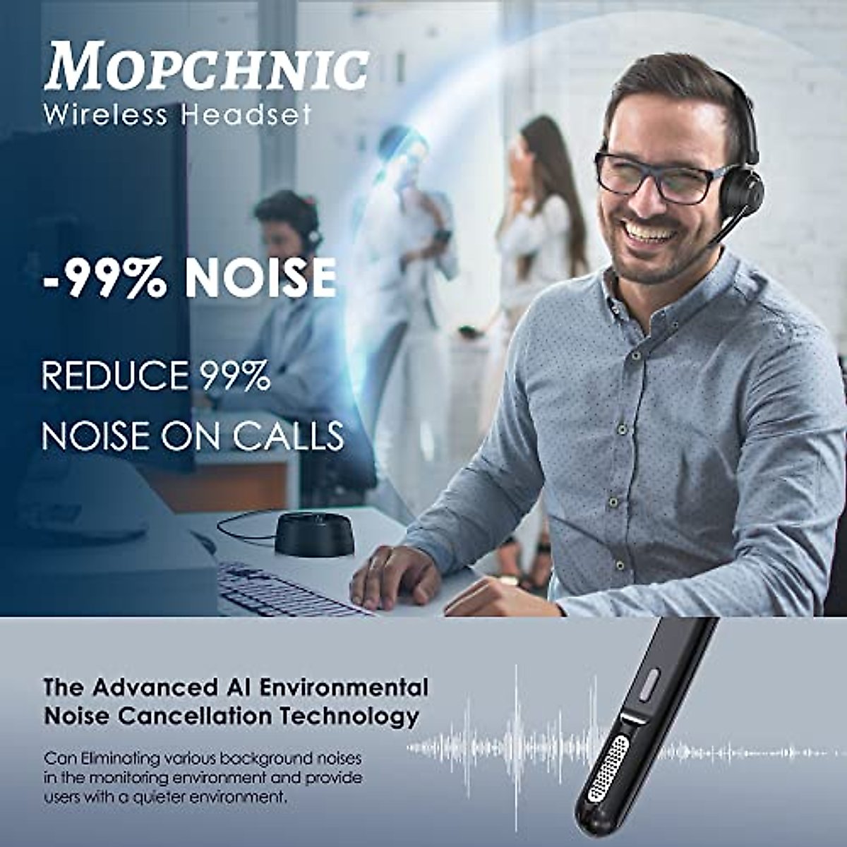 Mopchnic Bluetooth Headset, Wireless Headset with Upgraded Microphone AI Noise Canceling, On Ear Bluetooth Headset with USB Dongle for Office Call Center Skype Zoom Meeting Online Class Trucker