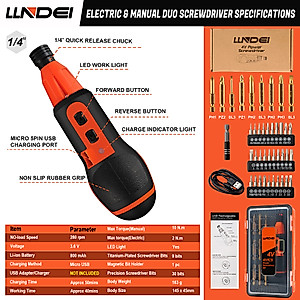 LLNDEI Electric Screwdriver Cordless 4V Electric Manual 2-in-1 Screwdriver Set, Includes Titanium-Plated Bits&Precision Screwdriver Bits&Bit Holder and Storage Box for Household&DIY&Gift for Men Women