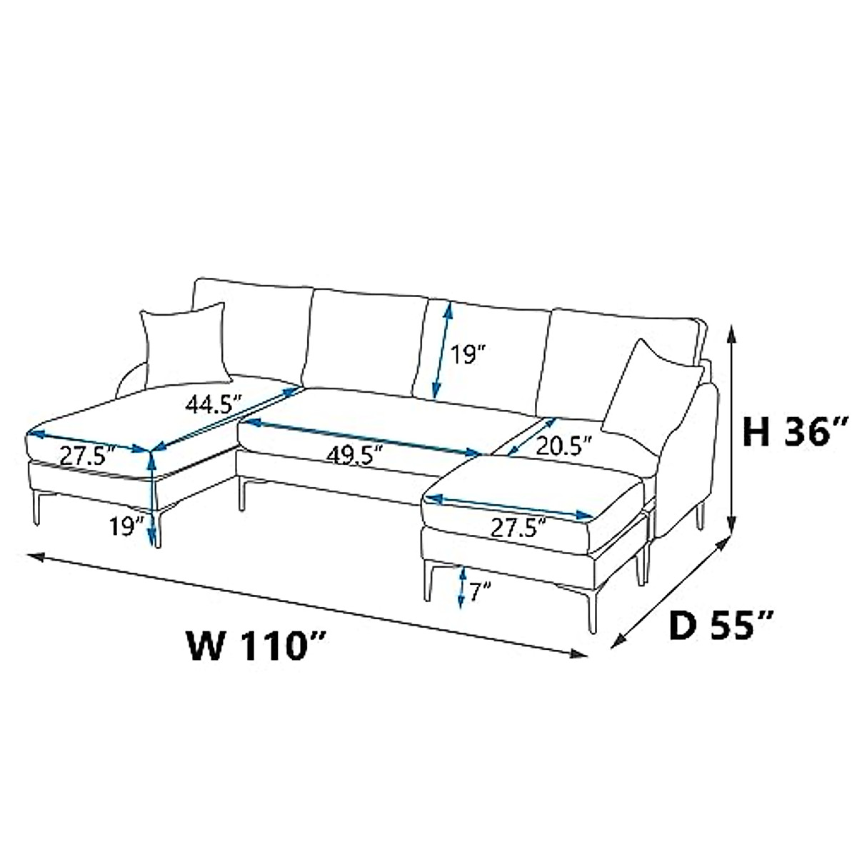 110" W Convertible Sectional Sofa with Reversible Chaise Lounge and Activity Ottoman, Polyester Blend U-Shape Modular Sectional Couch, 4-Seat Upholstered Sofa Couch for Living Room Apartment, Blue