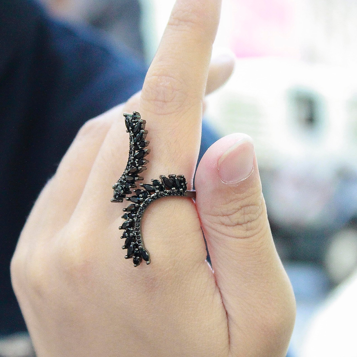 Cocktail Fashion Ring Size Adjustable From 6-8.5 CZ Marquise Shape Jewelry for Women (Black)