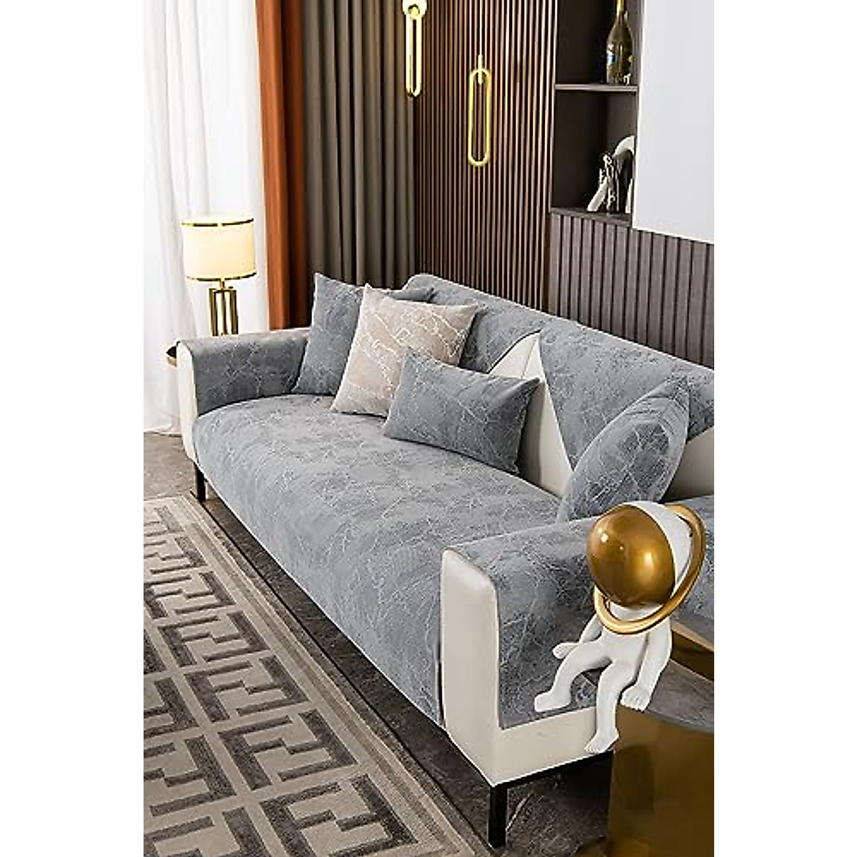 Huierxun Luxury Solid Color Chenille Sofa Cover Marble Pattern Soft Sofa Slipcover Non-Slip Sectional Couch Covers Anti Cat Scratch Armrest Backrest Recliner Cover (Grey,36''x36'')