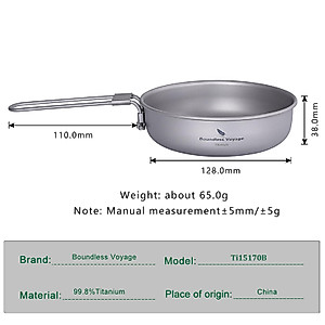 Boundless Voyage Ultra-light Titanium Frying Pan with Folding Handle Outdoor Camping Skillet Griddle Tableware Titanium Pan Ti15170B