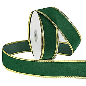 LaRibbons Wired Christmas Holiday Ribbon - Green with Gold Edges Velvet Ribbon - 1.5 inch x 25 Yard Each Roll