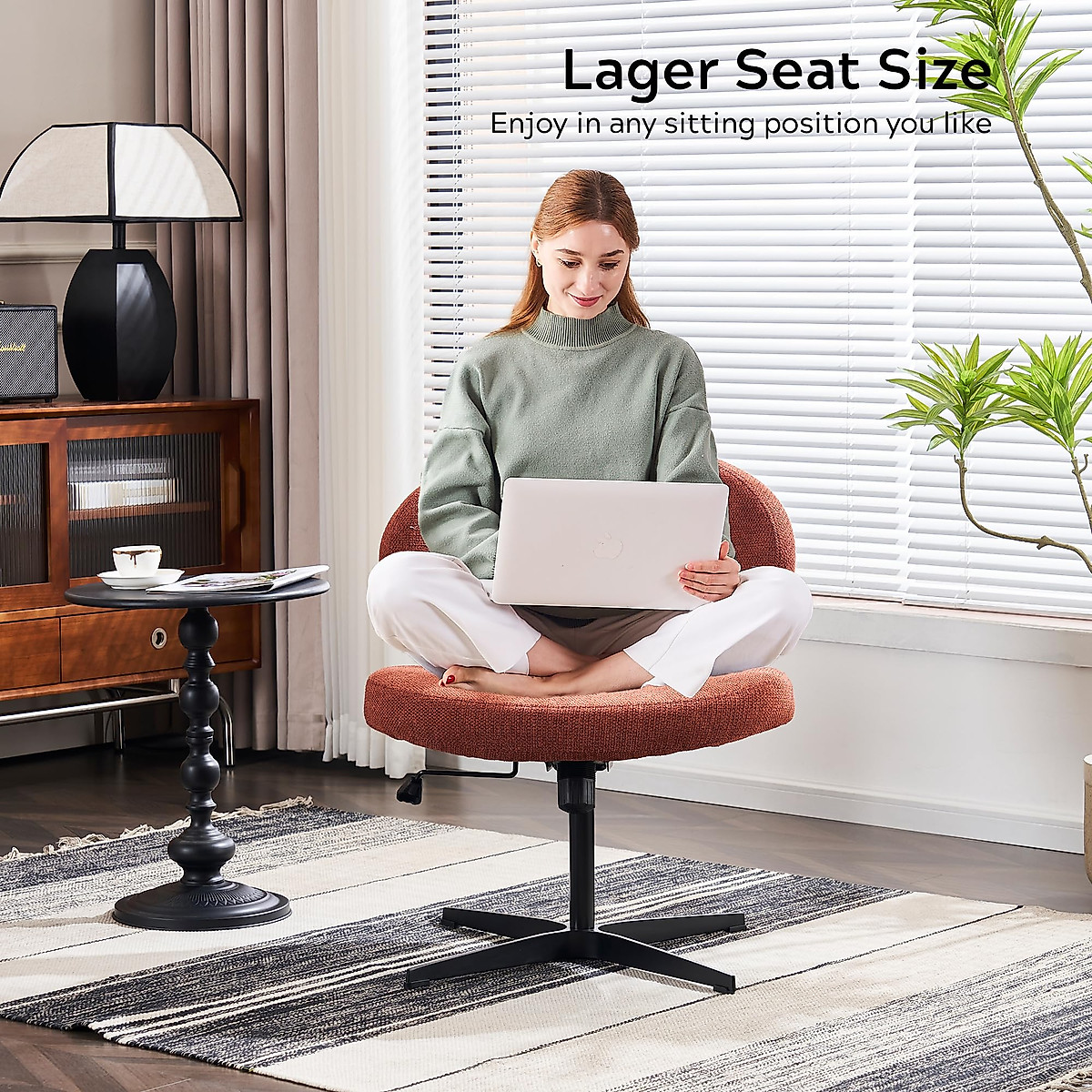 EYYTHUNG Criss Cross Chair No Wheels, Wide Armless Desk Chair Thick Padded Office Chairs Height Adjustable Swivel Accent Chair Oval Curved Deign for Office Living Room Bedroom Vanity, Beige