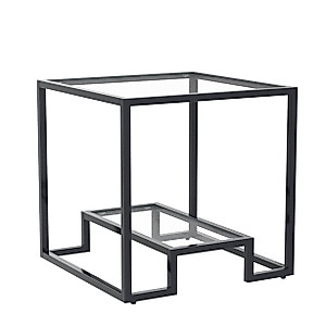 Black Metal Glass Coffee Table - Simple End Table for Living Room Home, Minimalist Metal Style Coffee Table with 2 Shelves, 21 inch Small Modern Side Table for Bedroom, Dinning Room,Office